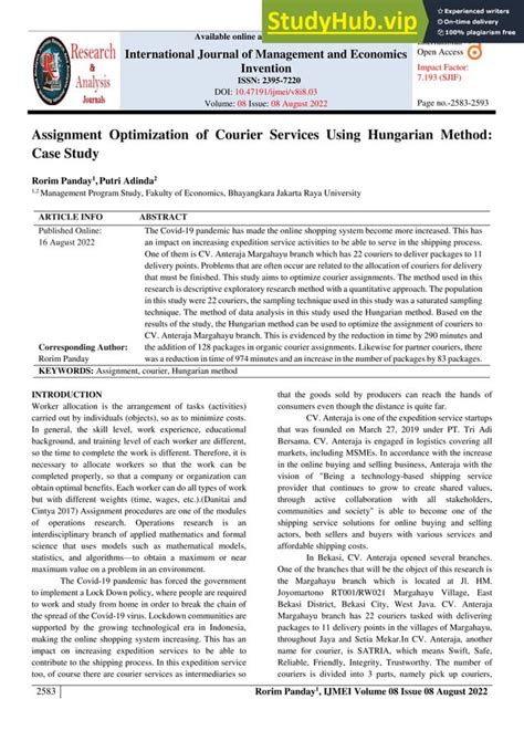 Assignment Optimization Of Courier Services Using Hungarian Method Case