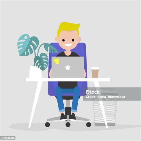 사무실에서 노트북에서 일 하는 젊은 문자입니다 인테리어입니다 일상 생활입니다 직장에서 반점입니다 평면 편집 가능한 벡터 일러스트