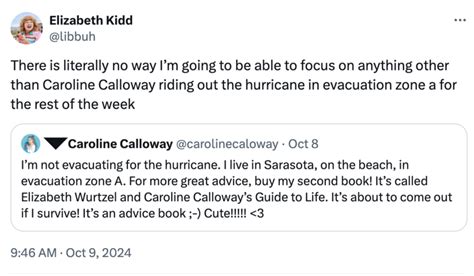 Caroline Calloway Survives Hurricane Milton After Evening Of