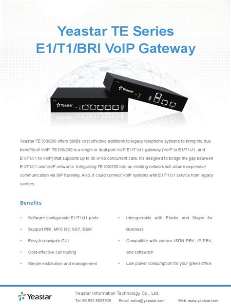 Yeastar Te Series Pri Voip Gateways Datasheet En Pdf Voice Over Ip