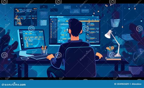 Programmer Working On Computer At Night Programmer At Work Programmer