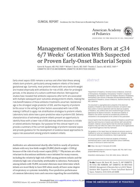 Aap Management Of Neonates Born At Less 34 6 Weeks Gestation With Suspected Or Proven Early