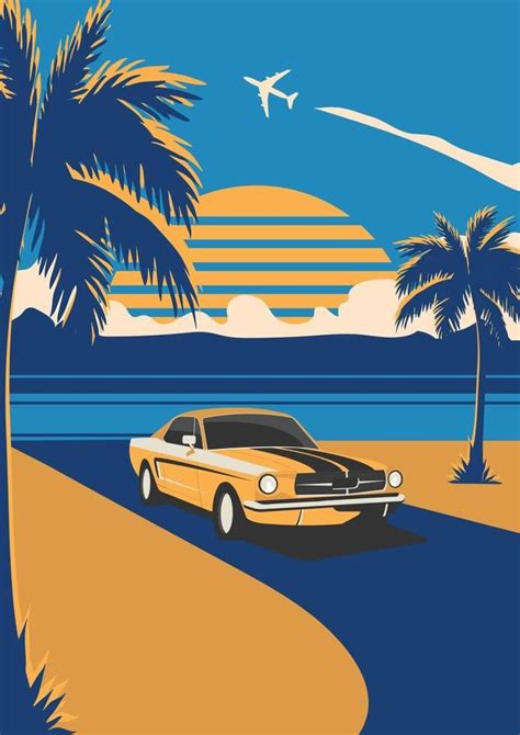 Retro Car Poster With Seascape And Palm Trees