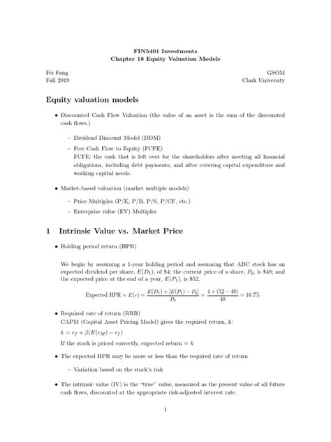 Chapter 18 Equity Valuation Models Lecture Notes Pdf Pdf Valuation