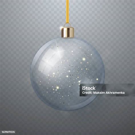 눈송이와 황금빛 별이 있는 현실적인 매달려 투명한 유리 크리스마스 공 크리스마스 트리 장식 눈송이에 대한 스톡 벡터 아트 및 기타 이미지 Istock