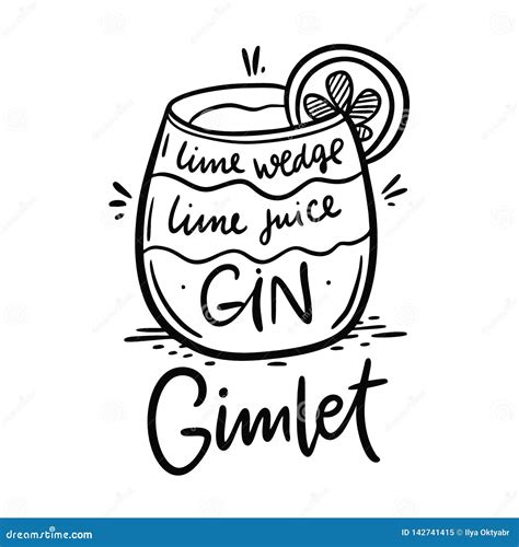 Cocktail Gimlet And Its Ingredients In Vintage Style Hand Draw Vector