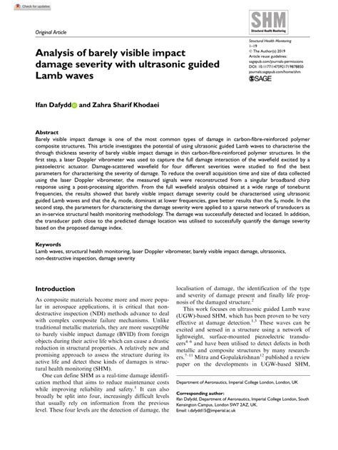 PDF Analysis Of Barely Visible Impact Damage Severity With Ultrasonic Guided Lamb Waves
