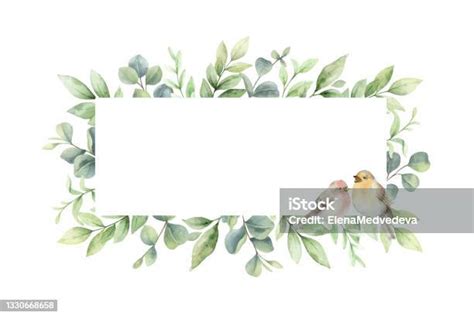 흰색 배경에 고립 된 녹색 가지와 새와 수채화 화환 인사말 카드 결혼 초대장 등을 위한 손으로 그린 일러스트레이션 계절에 대한