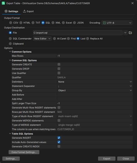 exporting to sql in dbvisualizer options explained