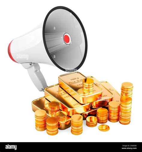 Megaphone With Golden Coins And Gold Bars 3D Rendering Isolated On