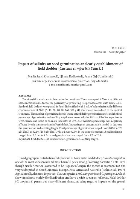 Pdf Impact Of Salinity On Seed Germination And Early Seedling Growth Of Three Sorghum Sorghum