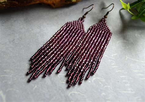 Long Dangle Seed Bead Earrings Beaded Earrings Fringe Beaded Etsy