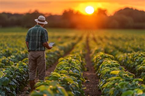 Farmer Monitoring Crops At Sunset With Tablet In Vibrant Agricultural