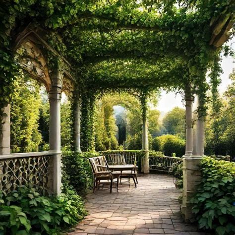 A Walkway With A Bench And A Bench In The Middle Of It Premium Ai