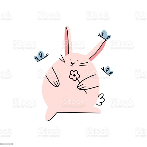 귀여운 부활절 고립 된 분홍색 토끼와 꽃 한 발에 꽃과 그 주위에 나비 인사말 카드 배너 초대장 전단지에 적합합니다 4월에 대한
