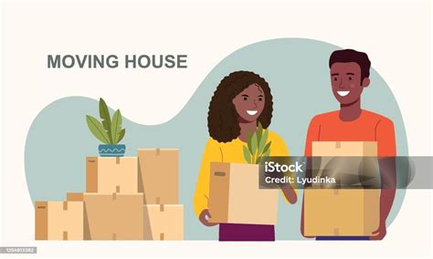 아프로 미국 남자와 여자는 상자를 들고 집을 옮기고 있습니다 벡터 플랫 스타일 일러스트레이션 새 집으로 이사에 대한 스톡 벡터 아트 및 기타 이미지 Istock