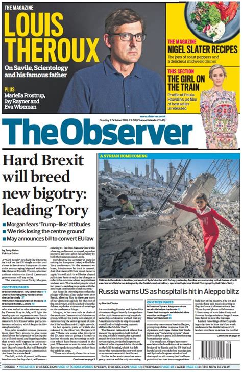 The Observer Front Page Hard Brexit Will Breed New Bigotry Leading