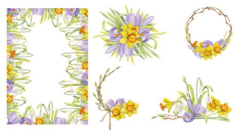 봄 꽃 크로커스 헌병 수선화 활 선물 태그로 손으로 그린 수채화 구성 흰색 배경에 격리 초대장 결혼식 인사말 카드 벽지 인쇄 섬유 연속무늬에 대한 스톡 벡터 아트 및 기타