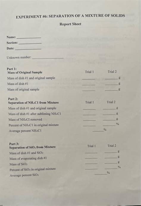 Solved Report Sheet Separation Of A Solid Mixture Continue