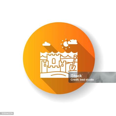 오션 비치 오렌지 플랫 디자인 긴 그림자 문양 아이콘입니다 해양 해안 모래 성 해양 가족 휴가 이국적인 나라로의 여행 실루엣