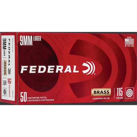 Federal Champion 9mm Luger 115 Grain Fmj Handgun Brass Ammunition 50