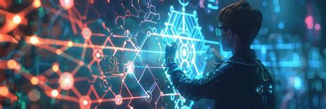 A Young Hacker Analyzes Complex Patterns On A Glowing Digital Interface