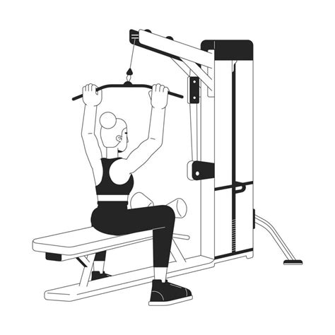 Woman Grasping Bar On Lat Pulldown Machine Flat Line Black White Vector