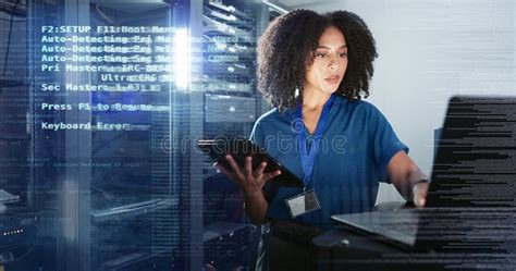 Server Room Woman Or Overlay With Laptop For Coding System Update Or