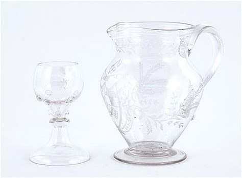 Lot Etched Glass Pitcher And Goblet 2pcs