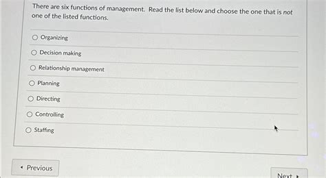 Solved There Are Six Functions Of Management Read The List Chegg