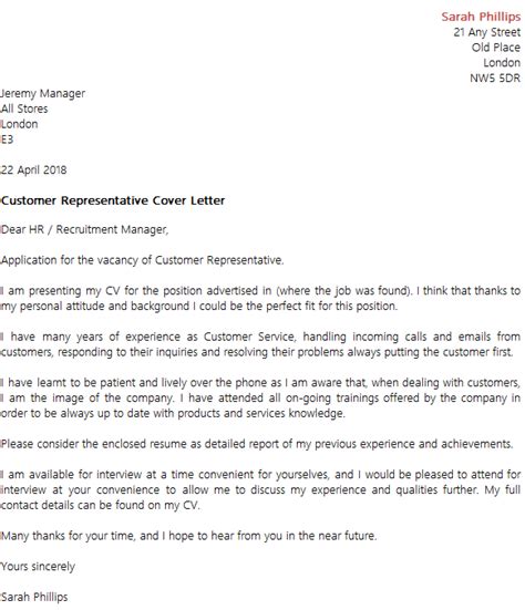 Customer Representative Cover Letter Example Icover Org Uk