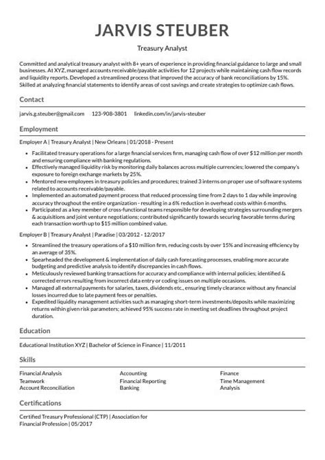 Treasury Analyst Resume CV Example And Writing Guide