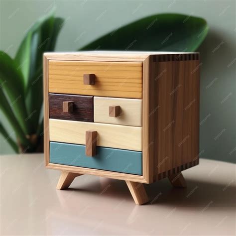 Premium Photo There Is A Small Wooden Chest Of Drawers With A Plant