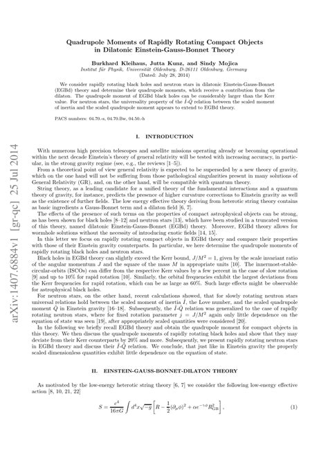 Pdf Quadrupole Moments Of Rapidly Rotating Compact Objects In Dilatonic Einstein Gauss Bonnet