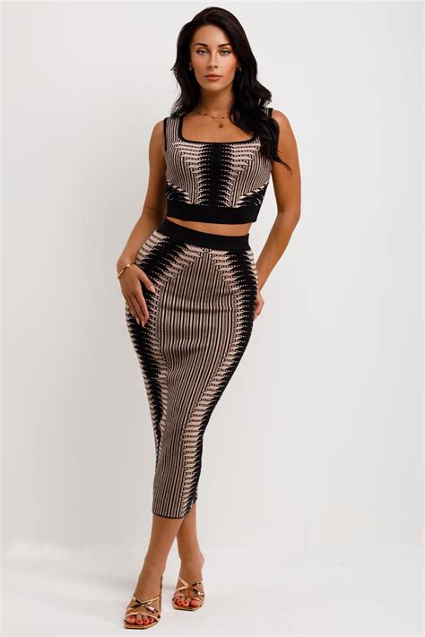 Knitted Skirt And Top Co Ord Set With Beige Pattern Uk