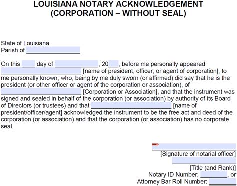 Free Louisiana Notary Acknowledgement Corporation Without Seal Pdf