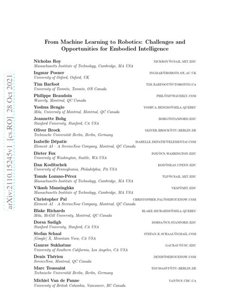 From Machine Learning To Robotics Challenges And Opportunities For Embodied Intelligence Pdf