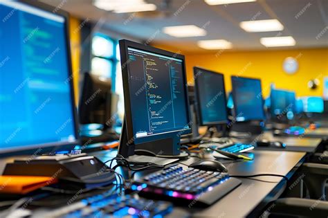 A Modern Computer Lab With Rows Of Monitors And Keyboards In A