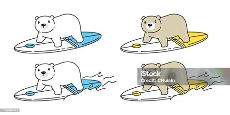 곰 벡터 북극곰 서핑 보드 아이콘 만화 캐릭터 스포츠 해변 여름 로고 기호 일러스트 낙서 디자인 곰에 대한 스톡 벡터 아트 및
