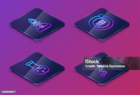 등분성 라인 알코올 또는 정신 버너 테스트 튜브 헬륨 및 파이펫을 설정합니다 파란색 정사각형 버튼 벡터 3차원 형태에 대한 스톡 벡터 아트 및 기타 이미지 Istock