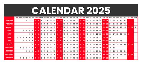 2025년 선형 달력 수평 또는 가로 방향 그리드 2025 선형 플래너 캘린더 주는 일요일에 시작됩니다 2025 선형 달력 12