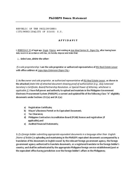 Philgeps Sworn Statement Sworn Statement Pdf