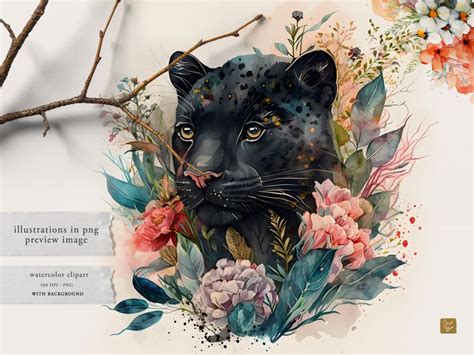 Watercolor Panther Clipart Watercolor Black Panther Whimsical