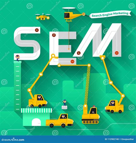 Flat Design Concept Building Text Sem With Construction Team Vector Illustrate Stock Vector