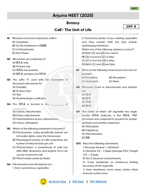 Cell The Unit Of Life Dpp 08 Arjuna Neet 2025 Pdf