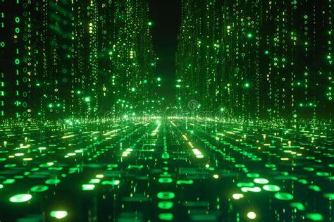depicting a background of green binary code particles arranged in an array that creates the