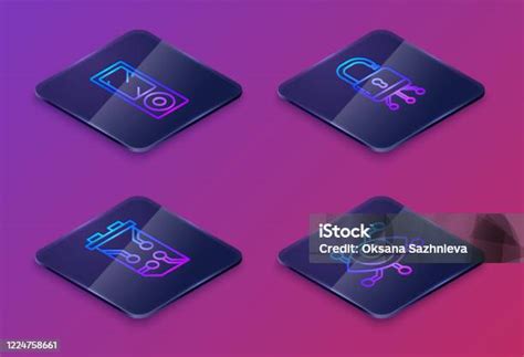 설정 아이소메트릭 라인 음악 플레이어 비디오 그래픽 카드 디지털 회로 기판 및 가상 현실에 잠금 파란색 사각형 버튼입니다 벡터