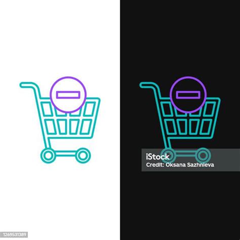흰색과 검은색 배경에 격리된 장바구니 아이콘을 줄 입니다 온라인 구매 개념 배달 서비스 슈퍼마켓 바구니와 X 마크 다채로운 개요
