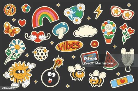 빈티지 그루비 세트 요소 에서 플랫 그래픽 디자인 평화 무지개 데이지 행성 포옹 나비 버섯 분위기 꿀벌 폭탄 수박 기타 펑키 마스코트 모음 벡터 일러스트 레이 션 강렬하고