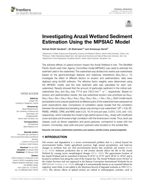 Pdf Investigating Anzali Wetland Sediment Estimation Using The Mpsiac